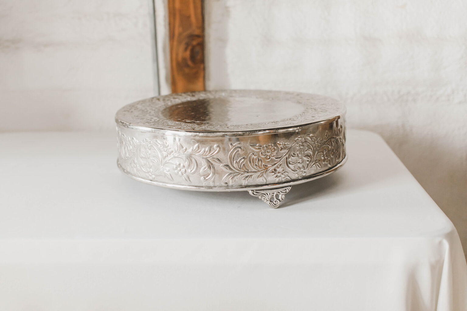Large Embossed Silver Cake Stand Rental - A to Z Event Rentals, LLC.