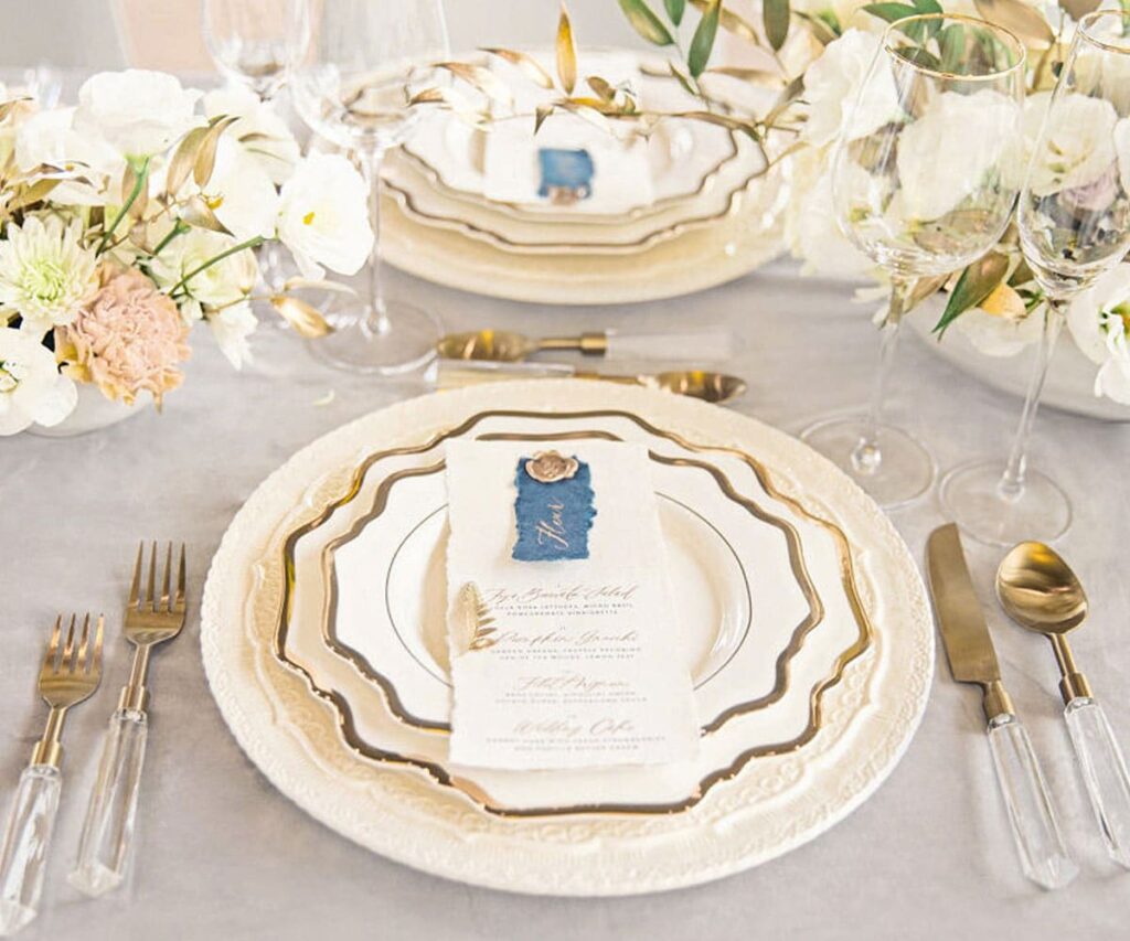 Lexington Gold Rim French Scroll Dinnerware - A to Z Event Rentals, LLC.